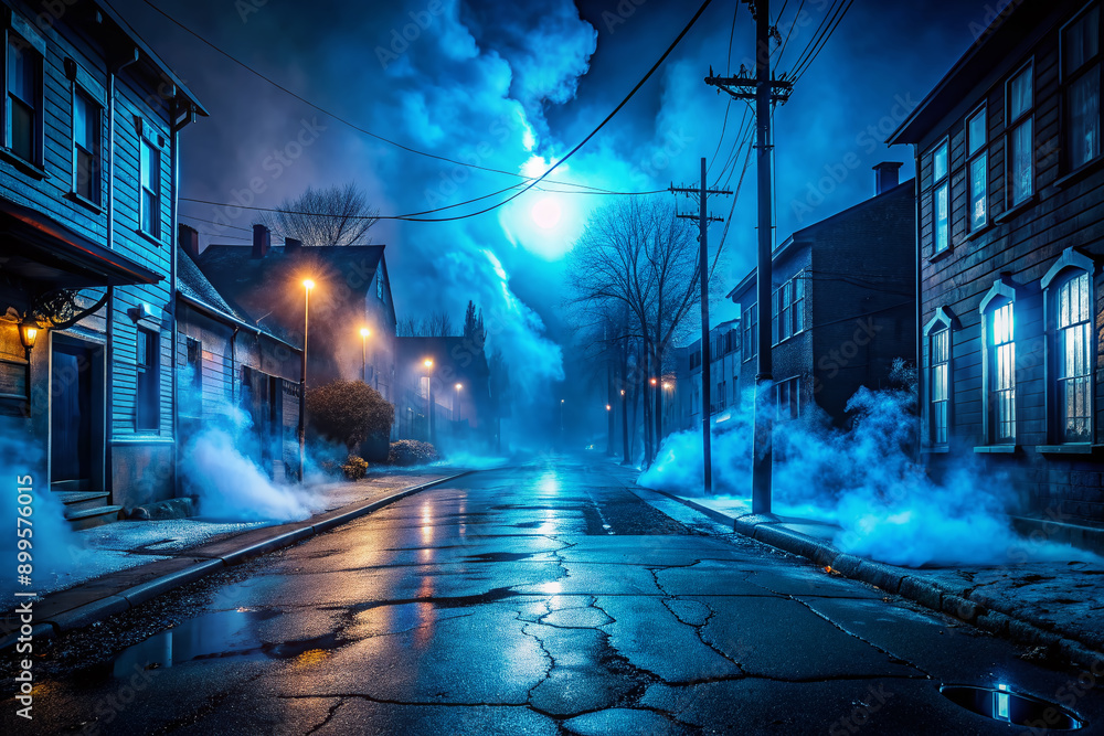 Ominous blue neon lit smoke envelops a deserted, fog-shrouded street ...