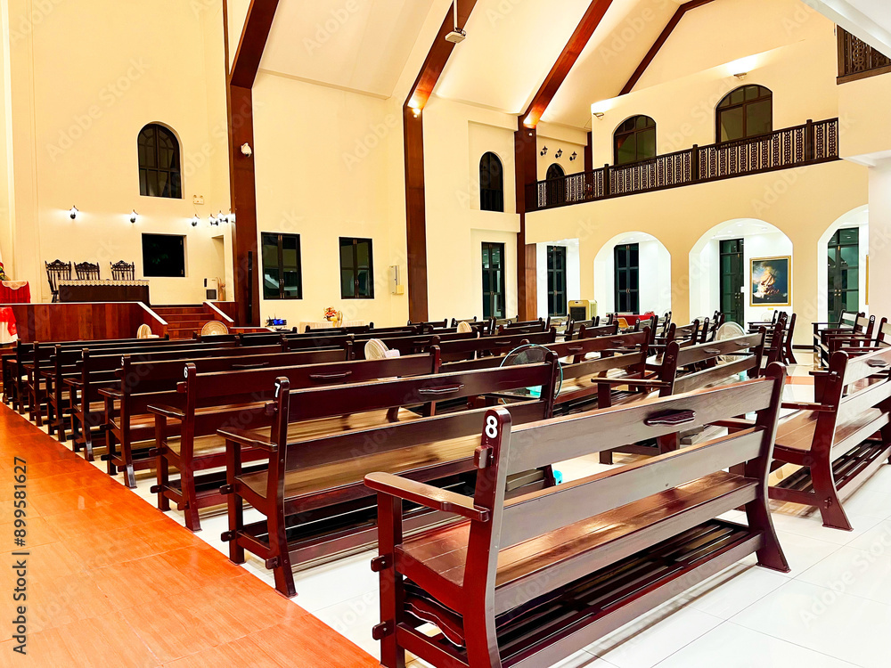 interior of the church, Rows of Church Pews in an Empty Church ...