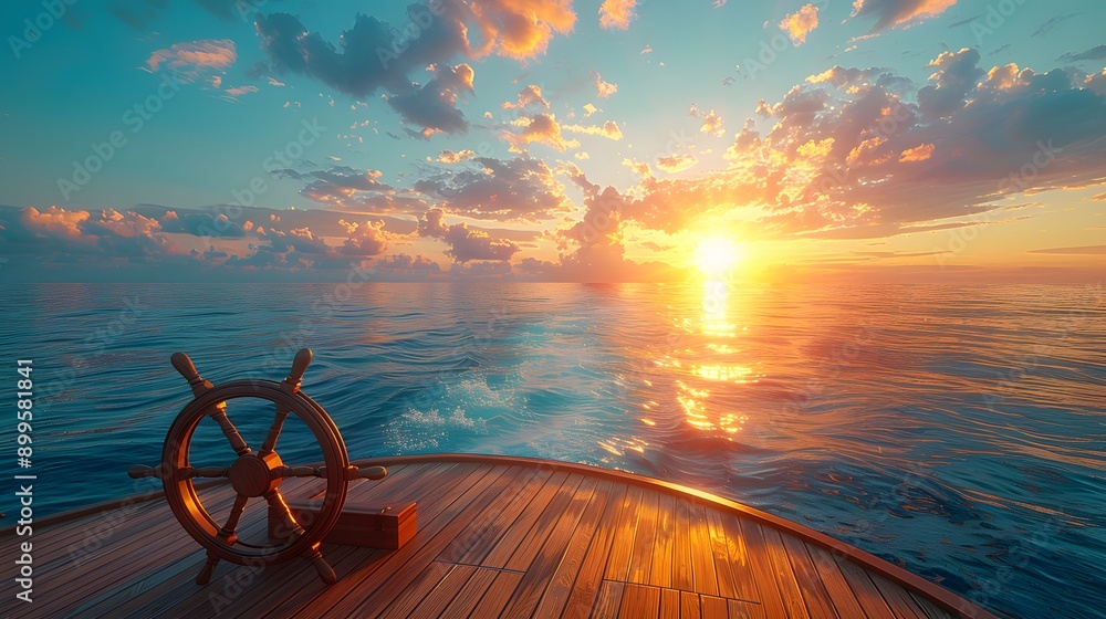 Ship's wheel on boat deck, intense sunlight, golden hour, lens flare ...