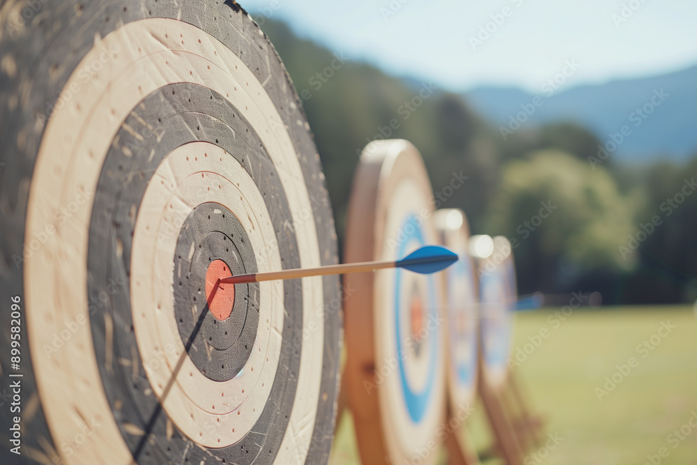 Row of circular archery targets on a field. Arrow sport competition ...