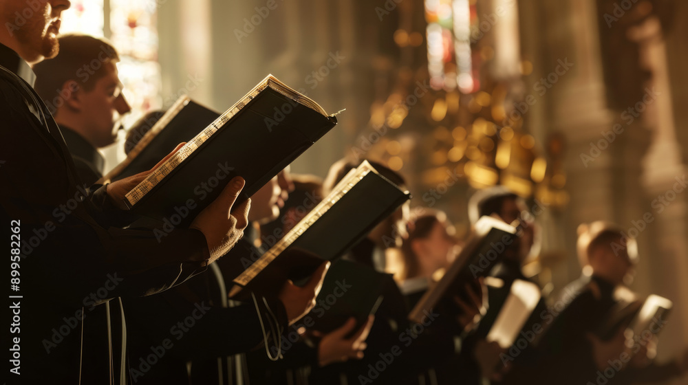 Choir members holding songbooks sing harmoniously in a grand, light ...