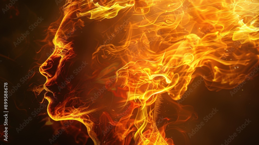 Artistic depiction of a fiery face silhouette with flames blending into ...