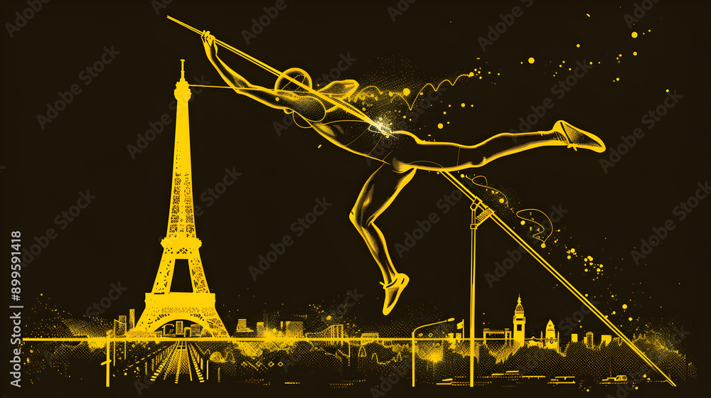 Neon Pole Vaulter: Neon outline of a pole vaulter clearing the bar with ...