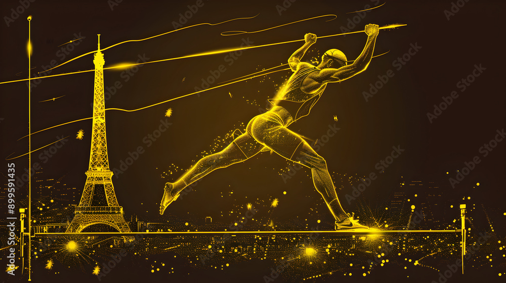 Neon Pole Vaulter: Neon outline of a pole vaulter clearing the bar with ...