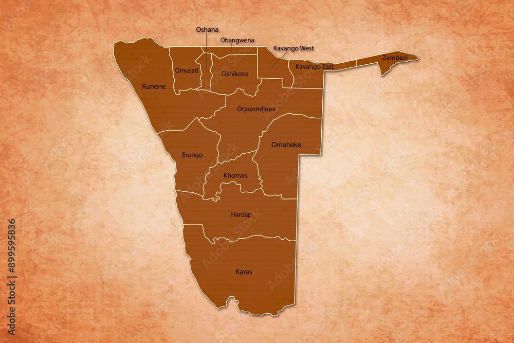 Namibia Map. Namibia Map with federal states in A vintage Color Texture ...