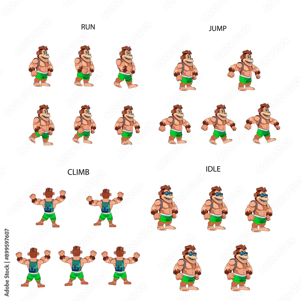 "2D cartoon gorilla character sprite sheet with run, jump, climb, and idle animations. Ideal for ...