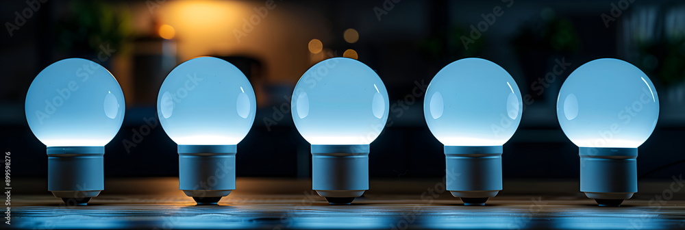 Eco led light bulbs lined up in row and glow cool blue light. Five led ...