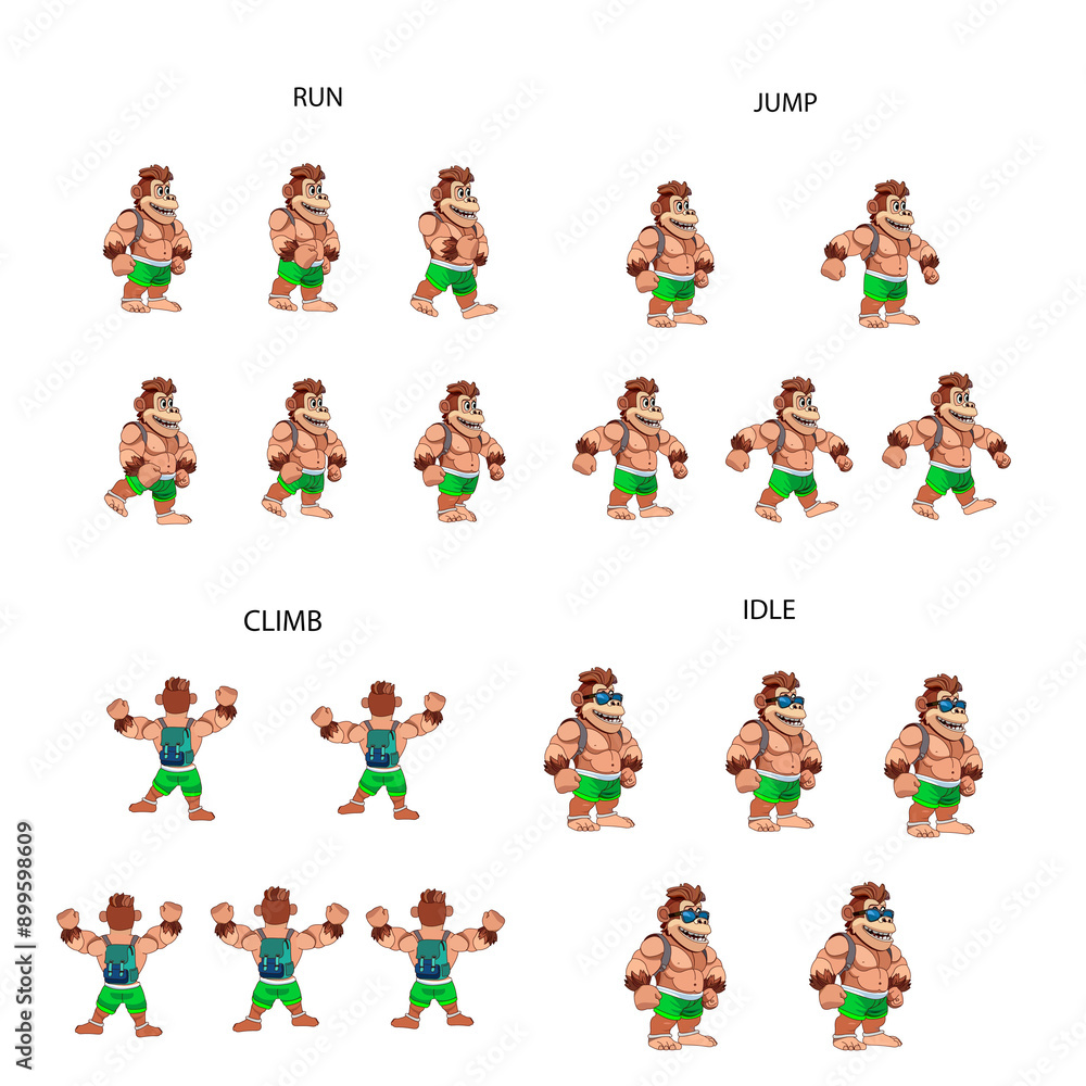 "2D cartoon gorilla character sprite sheet with run, jump, climb, and idle animations. Ideal for ...