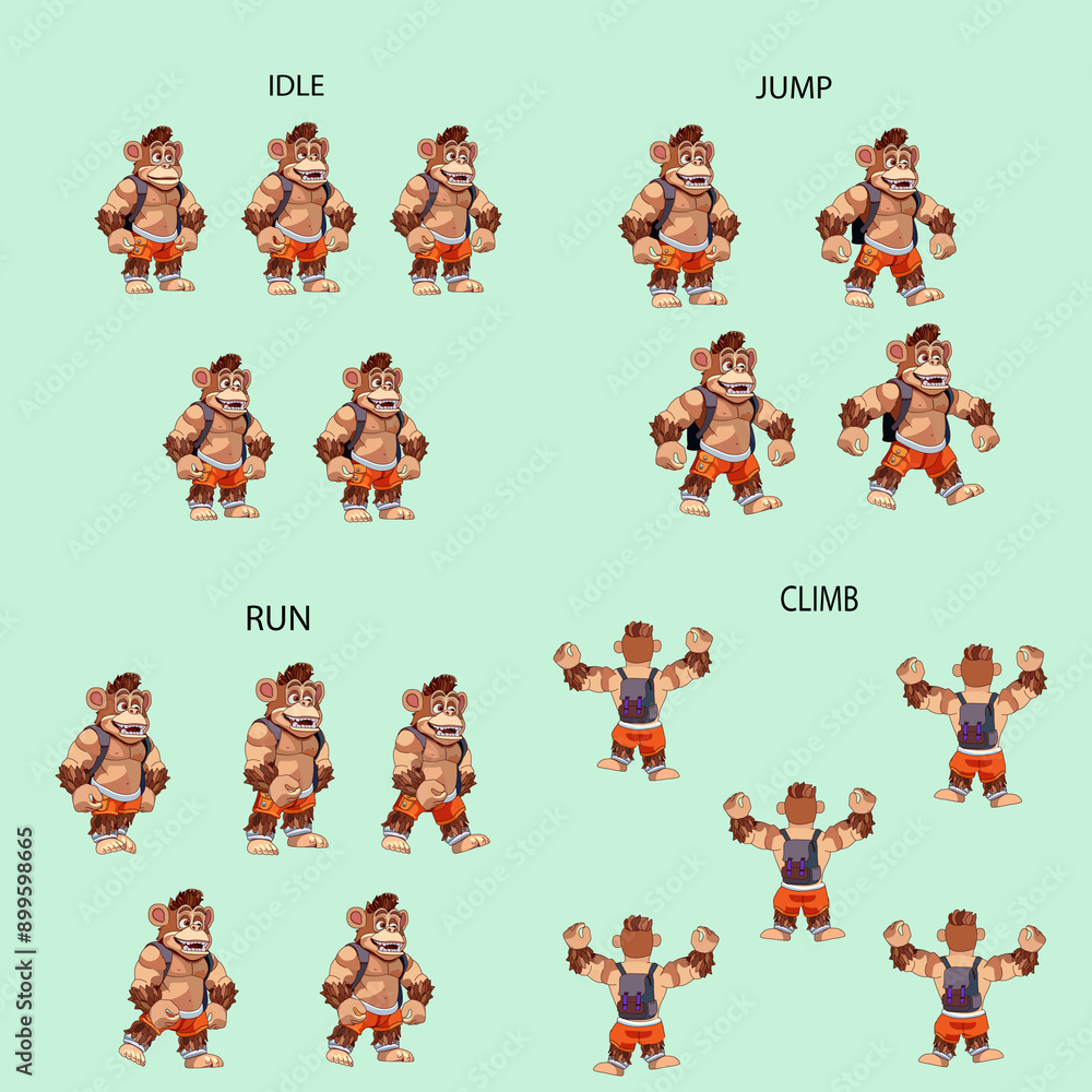 Foto de "2D cartoon monkey character sprite sheet with idle, jump, run ...