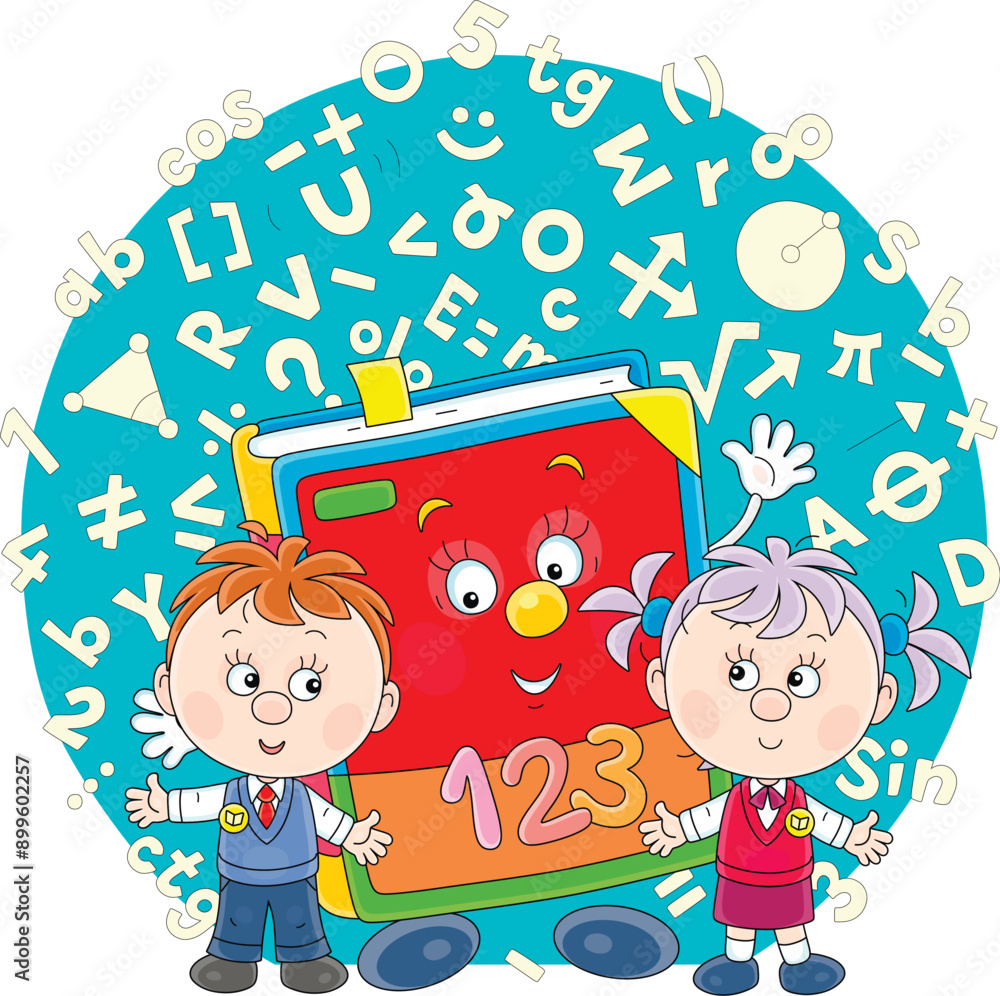 Little first graders and a cartoon character primary mathematics ...