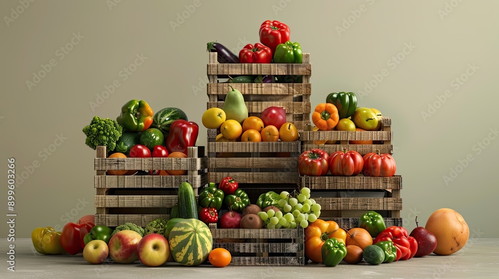 A colorful assortment of fresh fruits and vegetables neatly arranged in ...