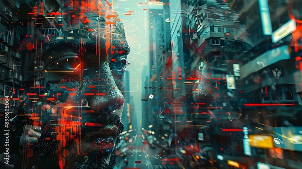 A profile of a male face blended with a chaotic urban environment ...