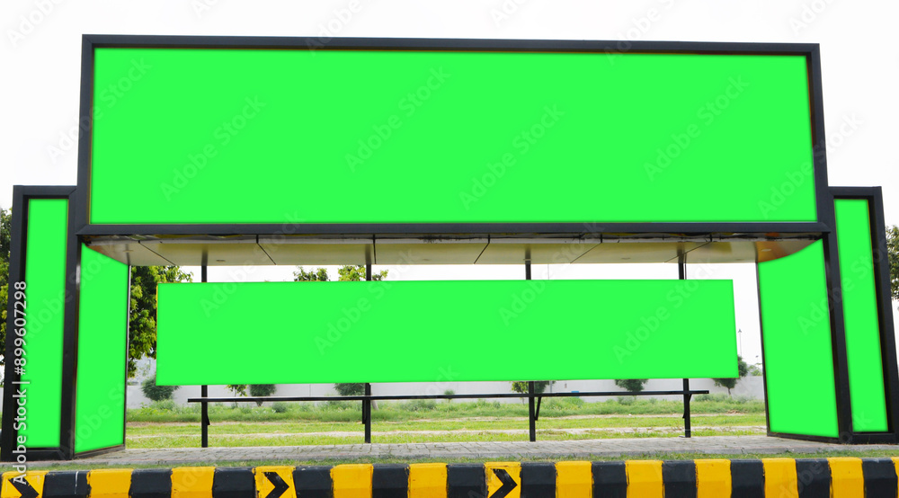 Billboards collection copy space on a bus stand, background. Green ...