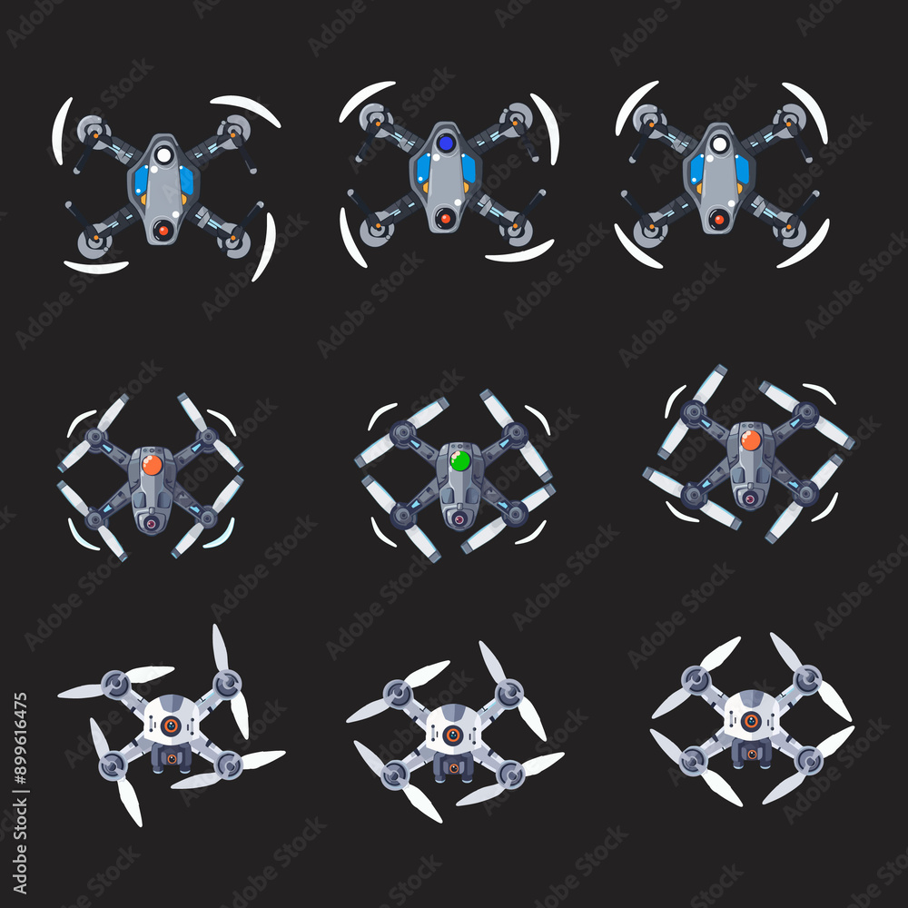 "2D game asset set featuring various cartoon drones with different ...