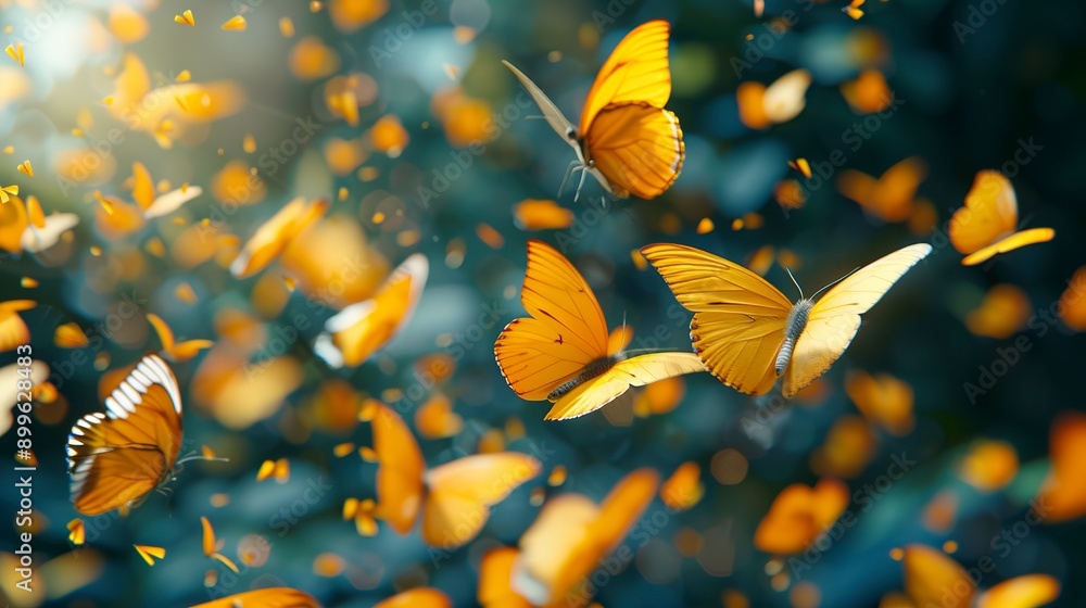 Flock of yellow butterflies in flight with one out of frame and another ...