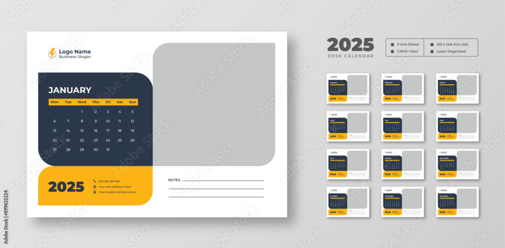 Photo & Art Print 2025 Desk or table calendar template, 2025 Corporate office desk calendar ...