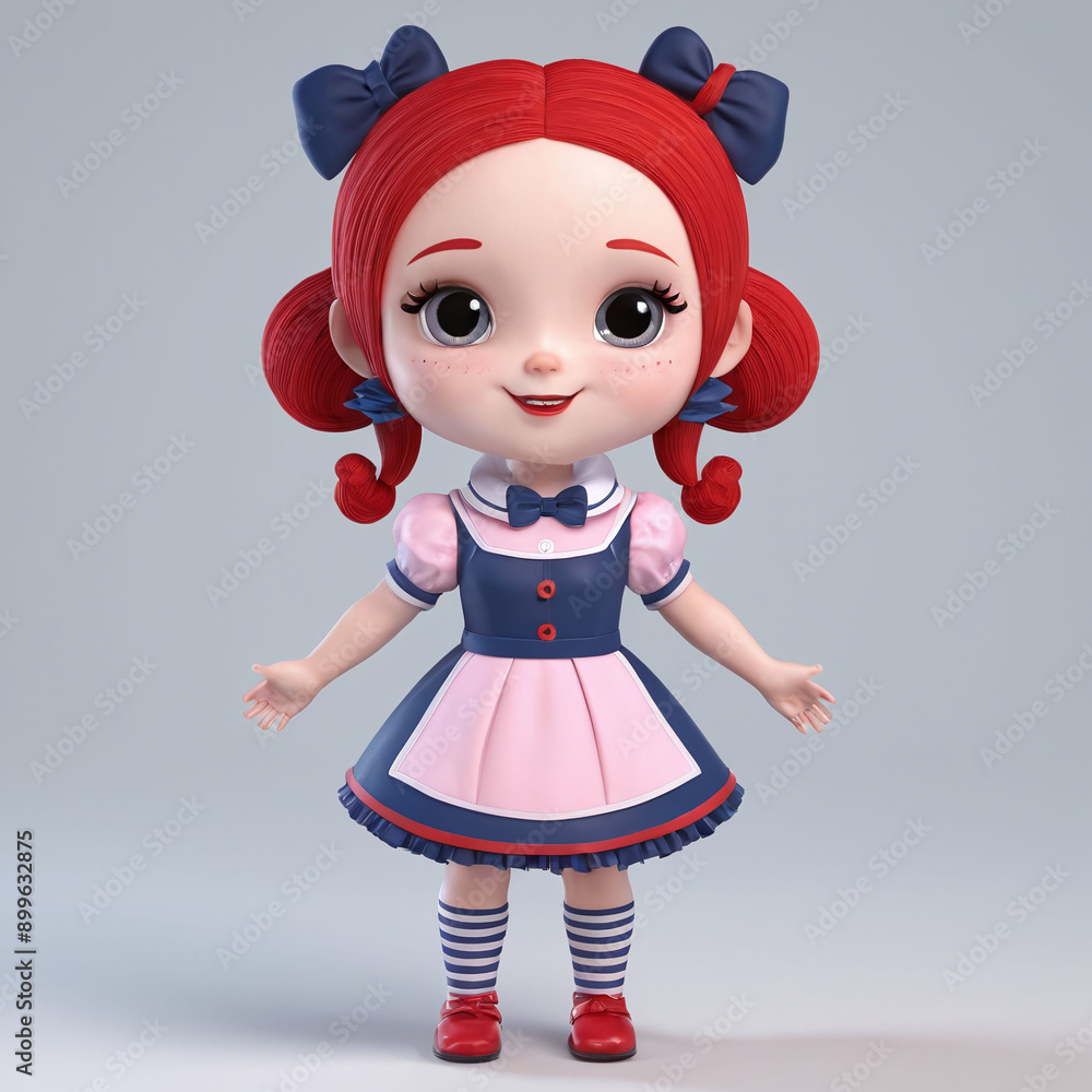 cute beautiful 3D girl doll look like wear vintage retro outfit ...