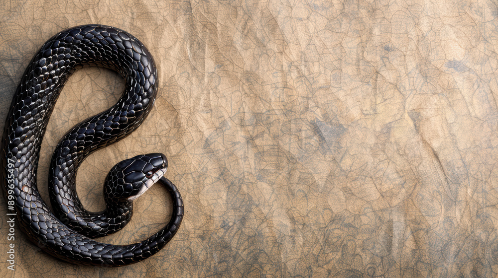 Elegant black snake curled on textured surface, showcasing intricate ...