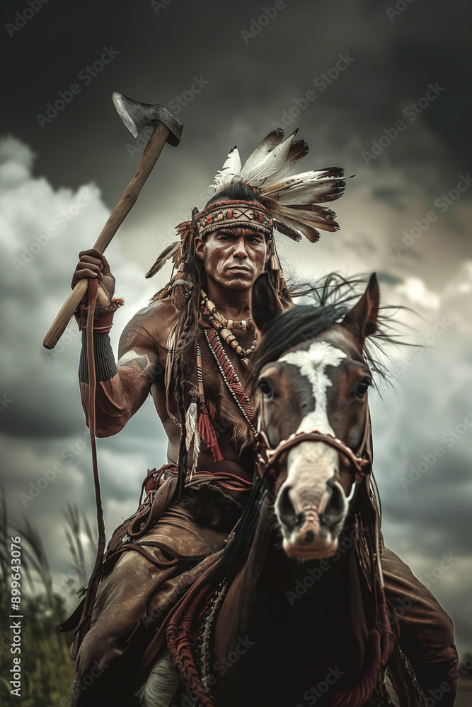 Native american warrior portrait, indian chief on his horse hholding a ...