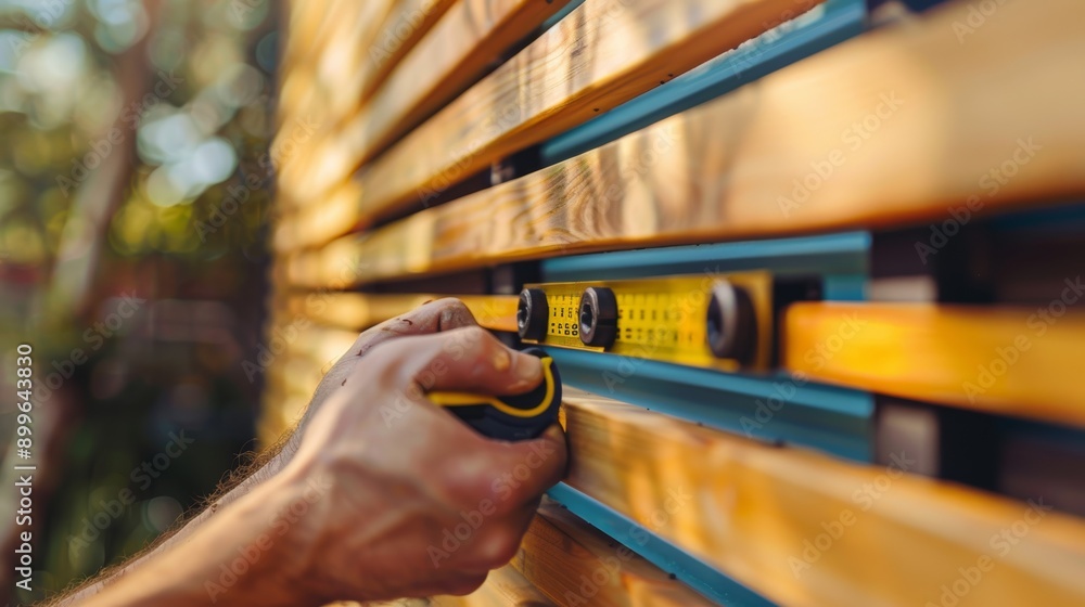 Close-up of a hand using a measuring tape to align wooden slats in a ...