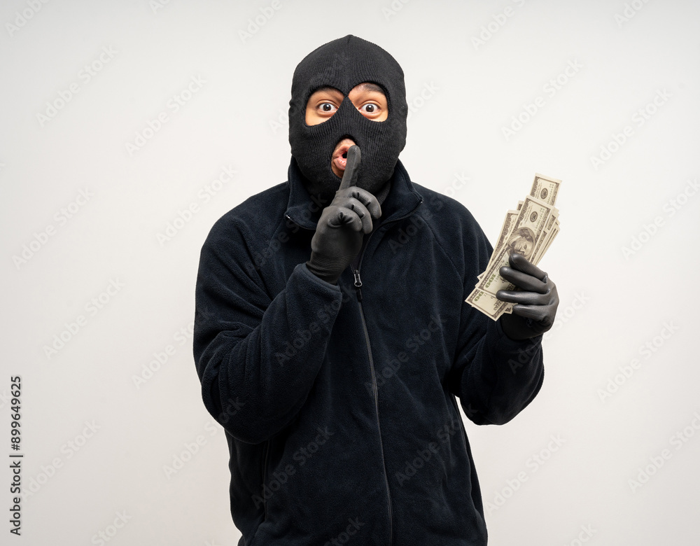 Thief in uniform black jacket various pose on isolated background. The ...