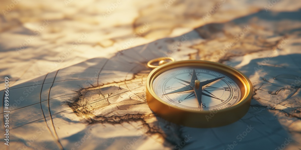 A compass placed on top of an old map, pointing towards the horizon ...