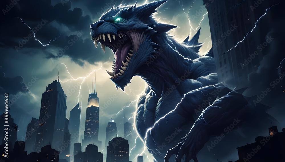 digital painting, A large, monstrous creature with sharp teeth and ...