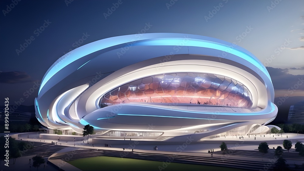 dynamic lighting design, an isometric 3D smart stadium structure, and a ...