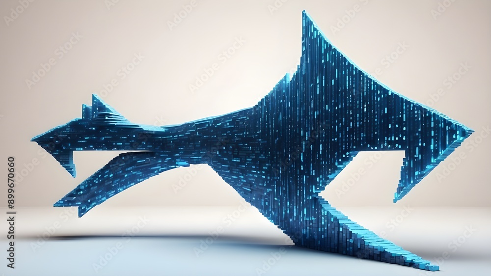 digital arrow made of bright blue matrix binary data that points upward ...