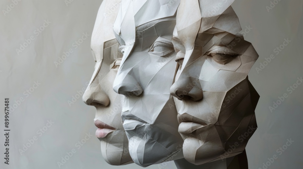 A captivating image showcasing three human faces crafted from paper ...