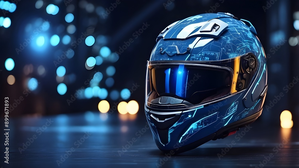 digital blue hologram A motorbike helmet equipped with communication ...