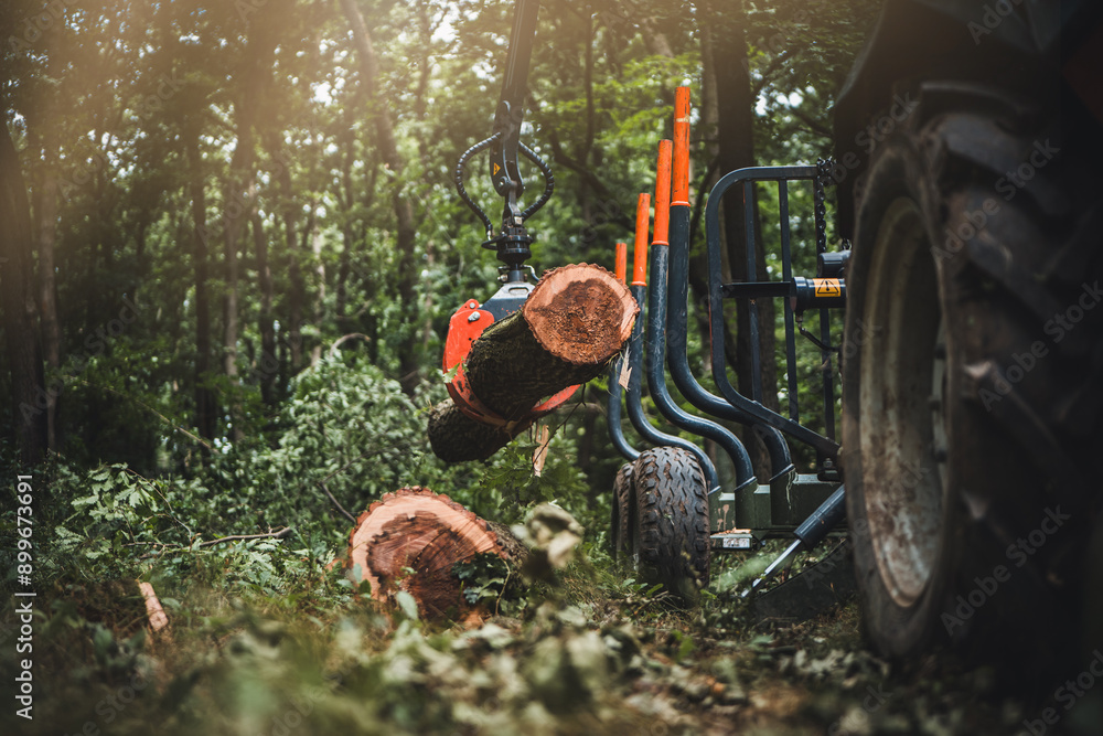 Forwarder tractor for wood transport. Tractor with trailer loaded with ...