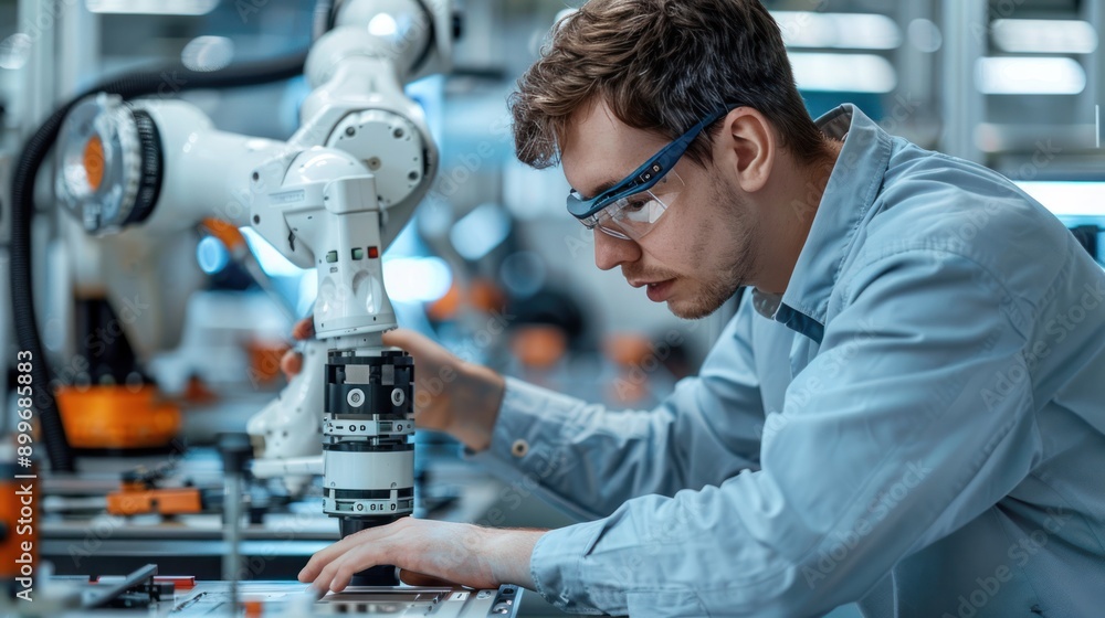A worker programming an industrial robot for assembly tasks, showcasing ...