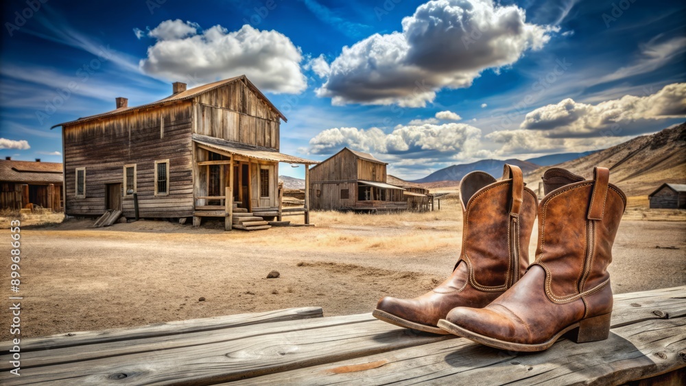 Dusty cowboy boots and worn leather saddle approach wooden storefronts ...