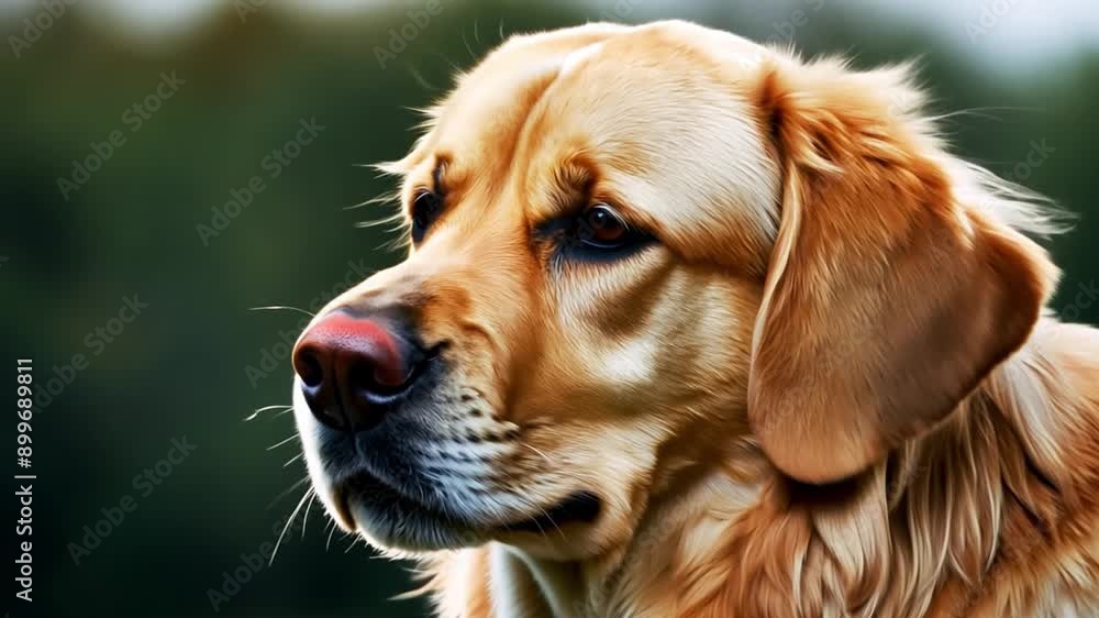 A golden retriever dog looks off to the right side of the frame, with ...