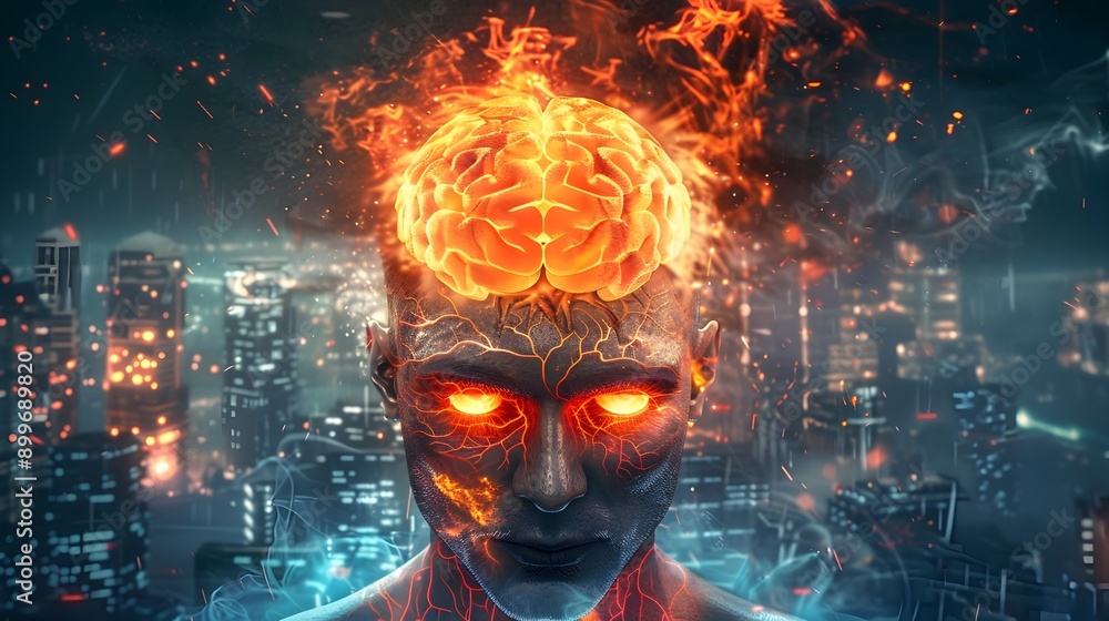 Burnout Concept Brain Explosion with Intense Dystopian Cityscape ...