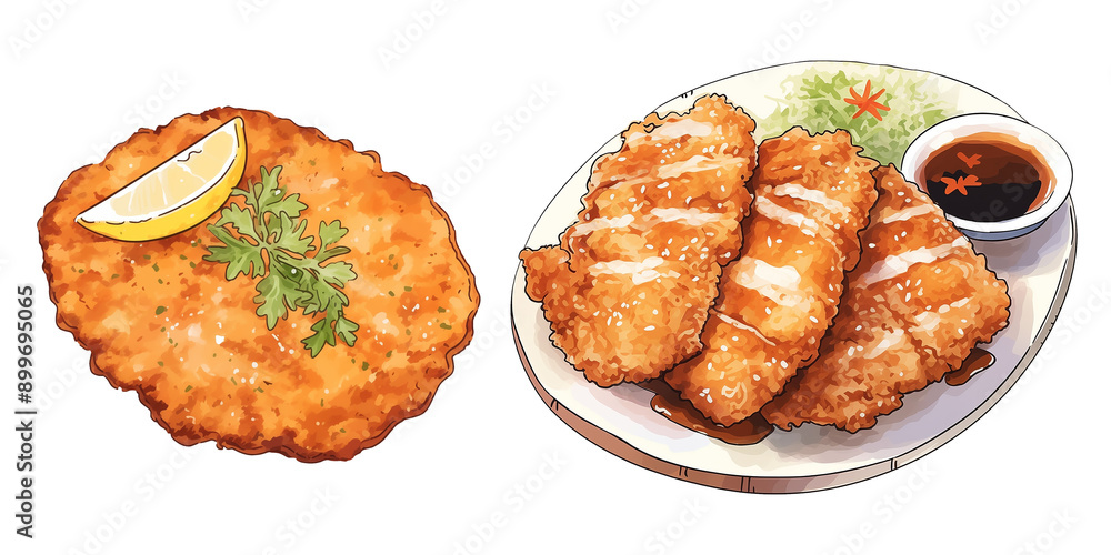 set of two fried chicken schnitzel clipart watercolor illustration on ...