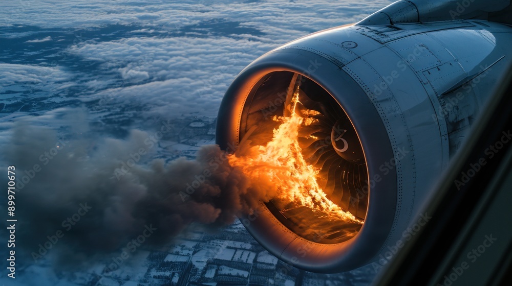 Aerial view of airplane in flight with a fire in the engine. airplane ...