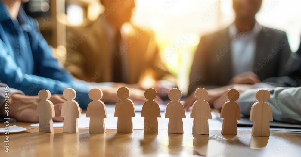 Teamwork and Human Connection: Wooden figures stand together on a table ...
