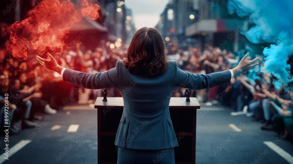 A female political leader in USA stands at a podium with arms ...