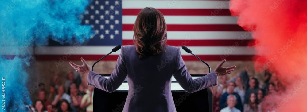 A female political leader and President of the USA addresses a crowd ...