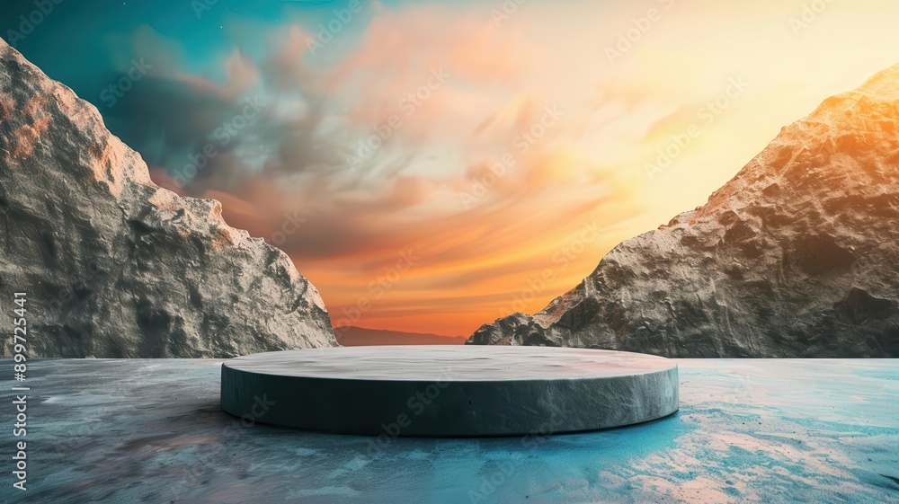 3D rendering of a product presentation on a circular podium, minimalist ...