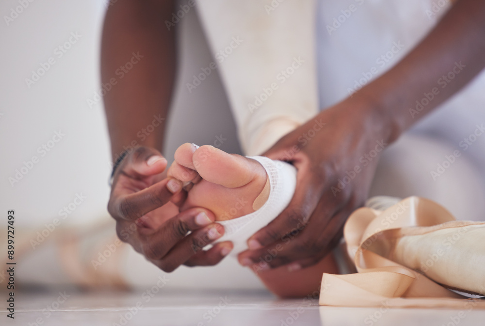 Ballet, hands and feet of dancer with bandage, comfort and support for ...