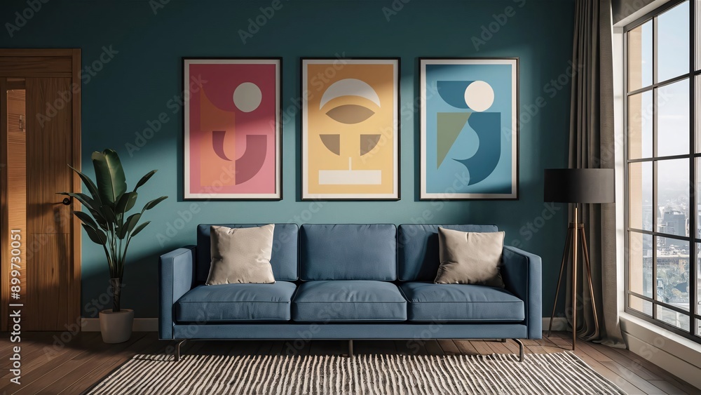 Stylish guest room with three equal poster on front wall with blue sofa ...