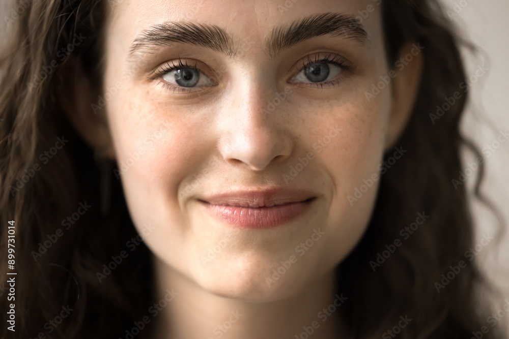 Front view, close up face of calm beautiful teenage girl looking ...