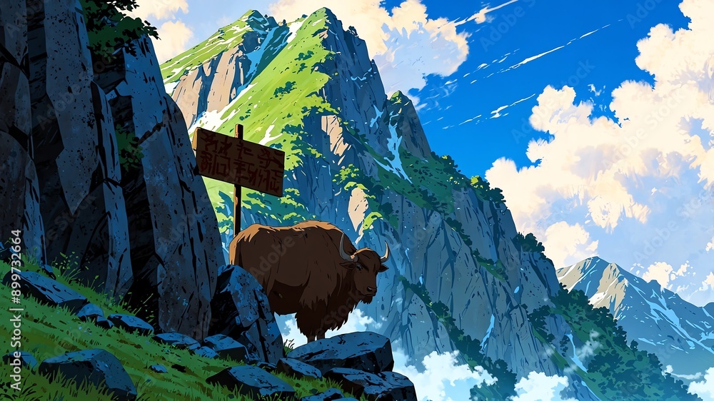 yak in mountains background anime cartoon illustration Stock ...