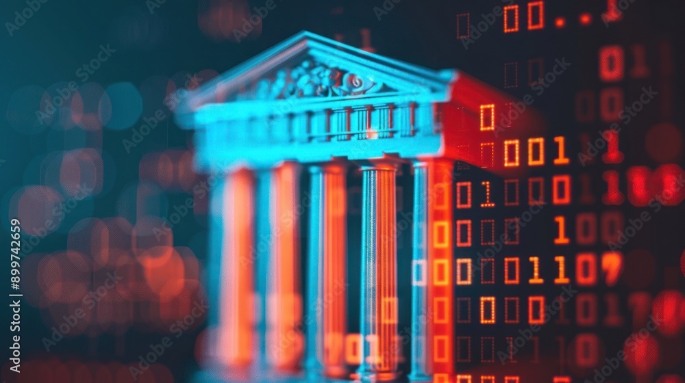 Digital representation of a government building with binary code ...