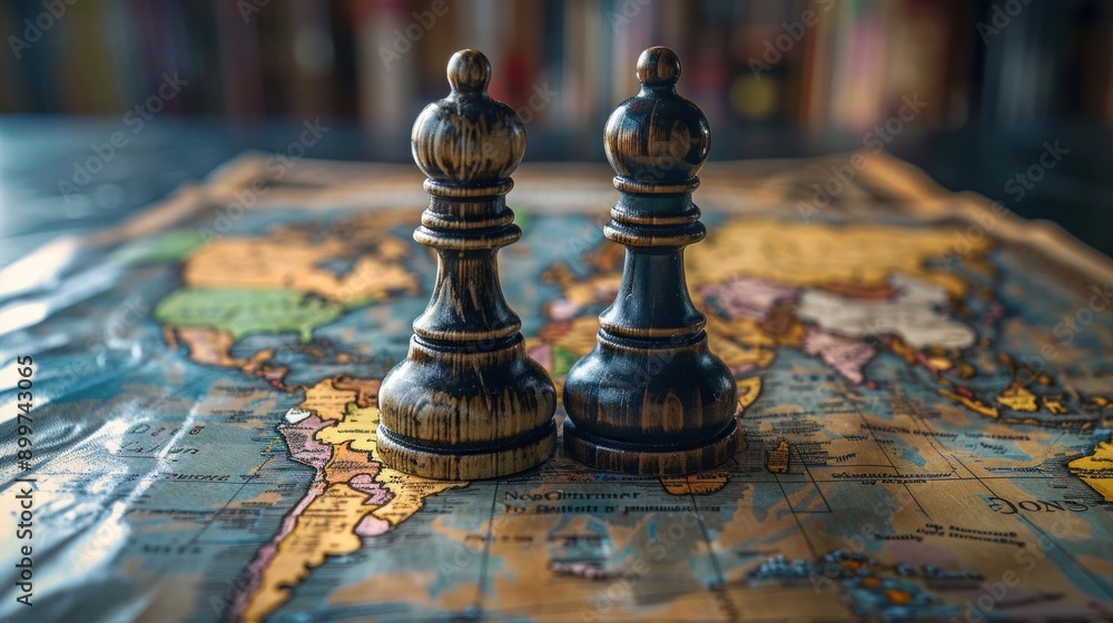 Two chess pieces on a world map, symbolizing strategy and global ...
