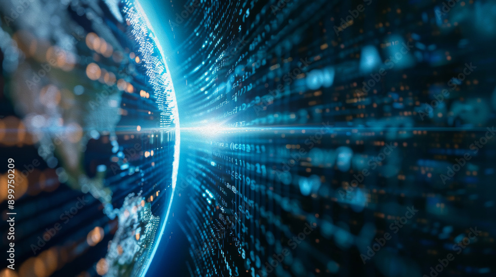 Earth centered in blue cyberspace made out of code, representing open ...