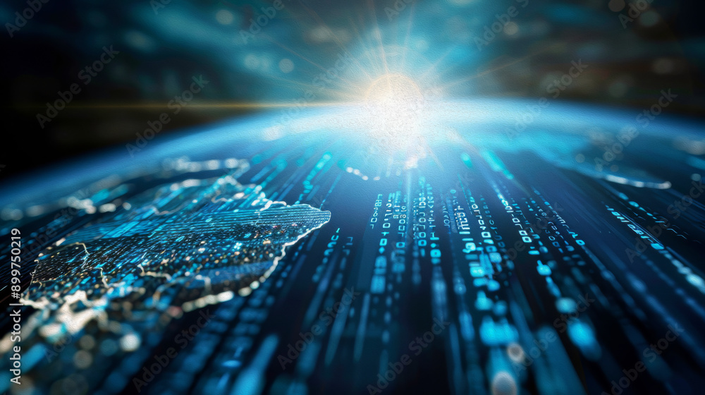 Earth centered in blue cyberspace made out of code, representing open ...
